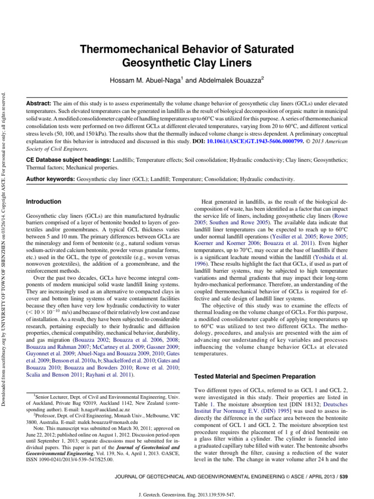 Abuel-Naga and Bouazza (2013) Thermo Mechanical Behavior of Saturated GCL | Download Free PDF ...