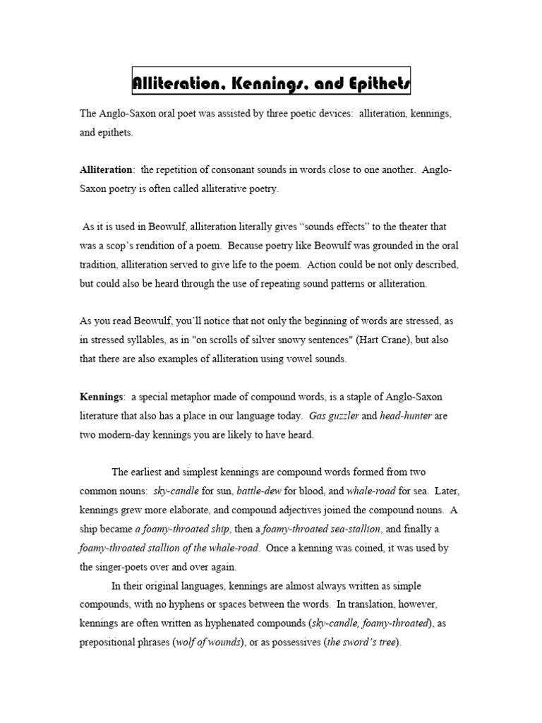 Alliteration Kenning and Epithet Handout | PDF | Poetry | Linguistics