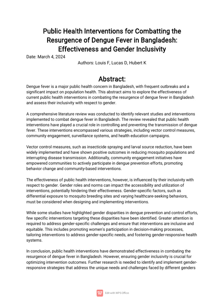 Public Health Interventionsfor Combattingthe Resurgenceof Dengue ...