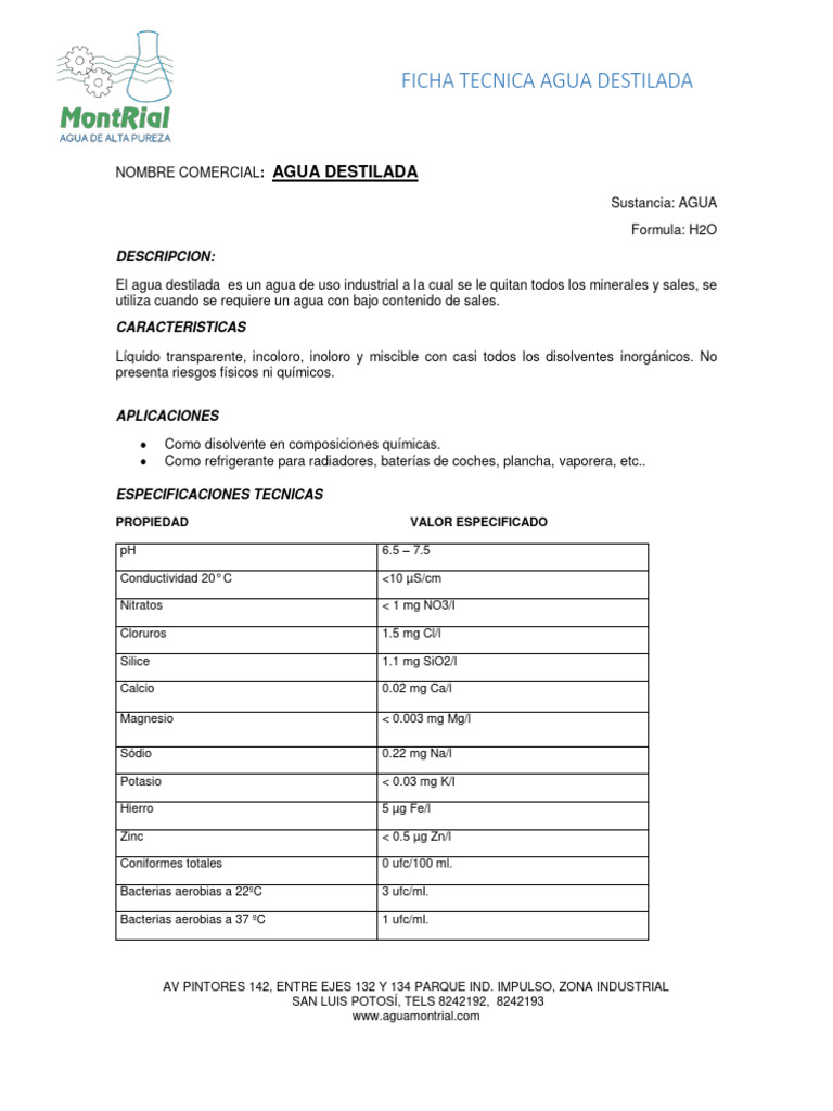 Ficha Tecnica Agua Destilada | PDF