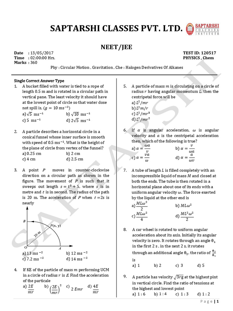NEET JEE - Circular Motion Gravitation Question Paper and Solution | PDF | Acceleration | Force