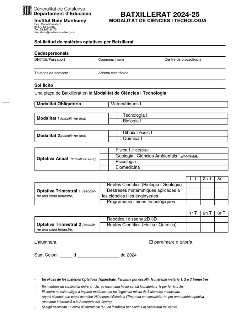 Tria Itineraris de 1r Batxillerat Ciències I Tecnologia | PDF