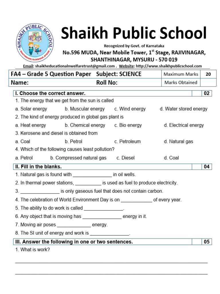 Practice PAPERS Grade 5 SCIENCE | PDF | Fuels | Natural Gas