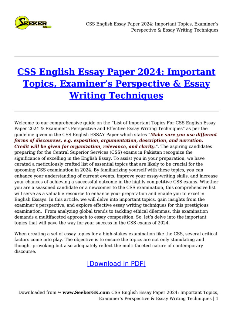 CSS 2024 English Essay Guide | PDF | Essays | Sustainability
