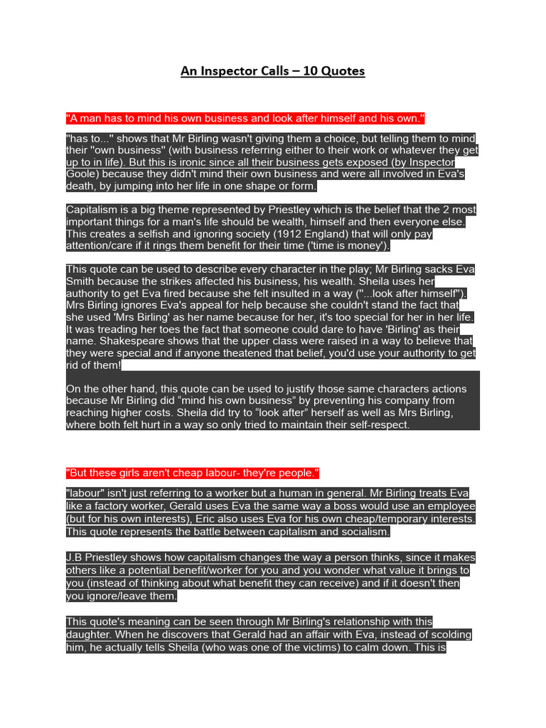 An Inspector Calls - 10 Quotes | PDF | Social Science | Philosophy