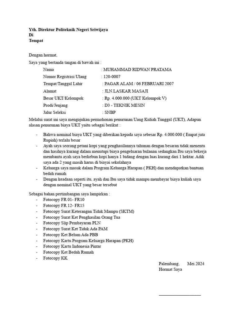 Surat Permohonan Penurunan UKT | PDF