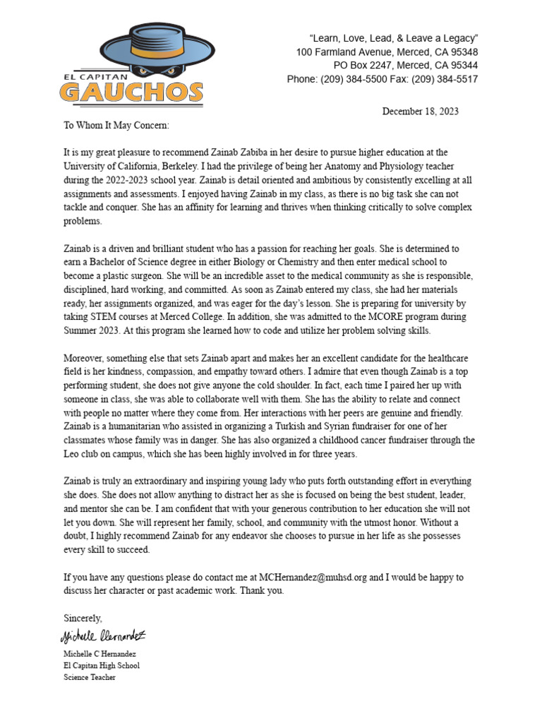 Zainab Zabiba Letter of Rec | PDF | Cognition | Psychology