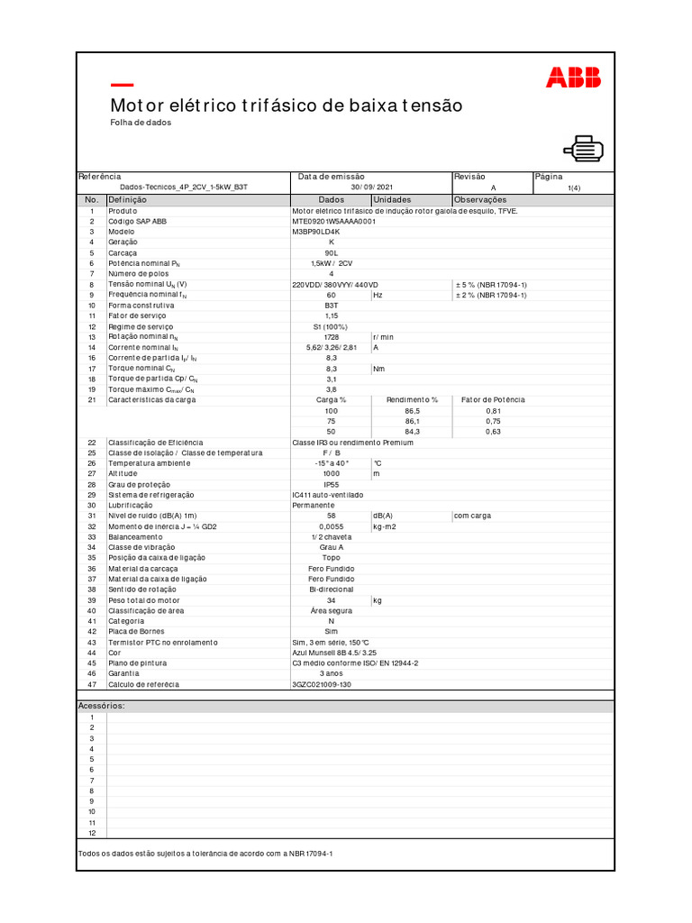 Dados-Tecnicos 4P 2CV 1-5kW B3T | PDF | Motor elétrico | Potência (Física)