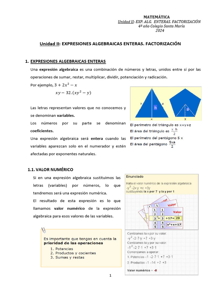 Unidad II. EXP. ALG. ENTERAS 4to a-o 2024 | PDF | Factorización | Multiplicación