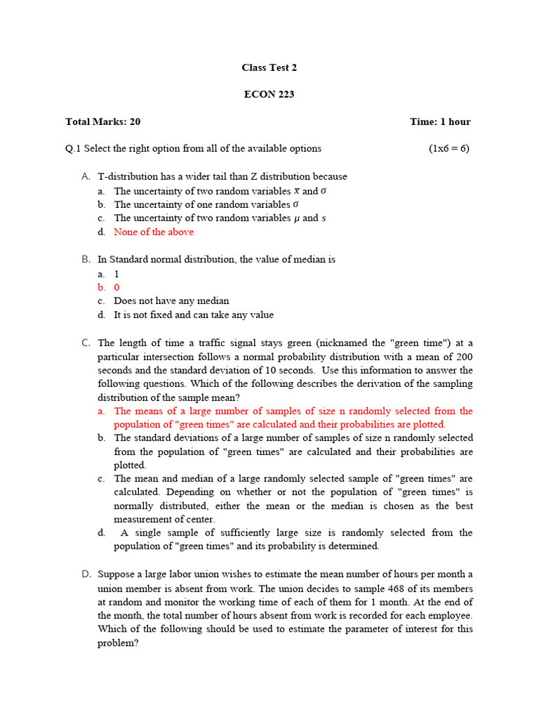 Class Test 2 Answers Pdf Normal Distribution Standard Deviation