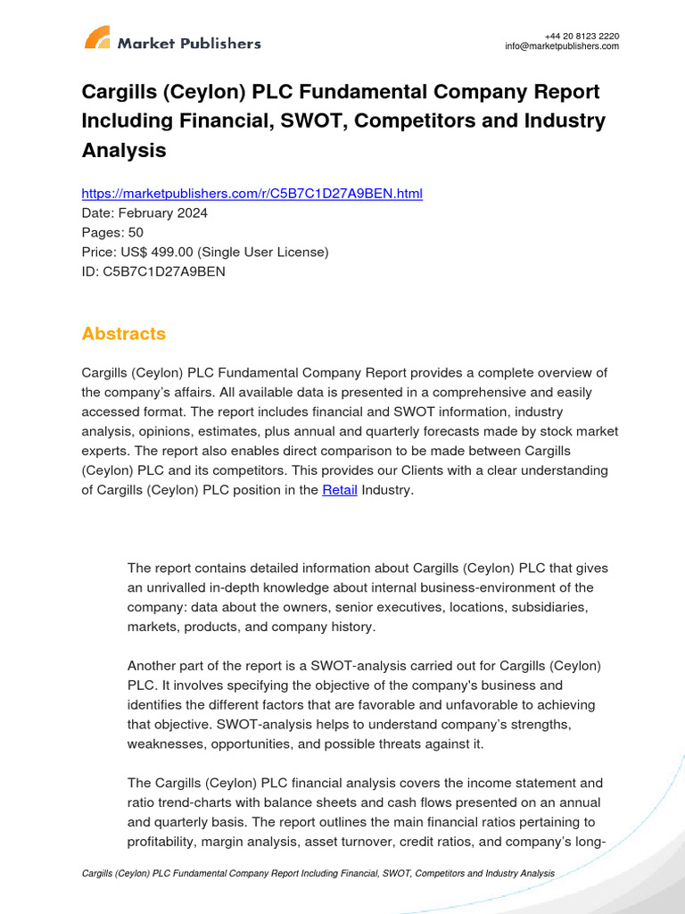 Cargills Ceylon PLC Swot Analysis Bac PDF | PDF | Swot Analysis | Business