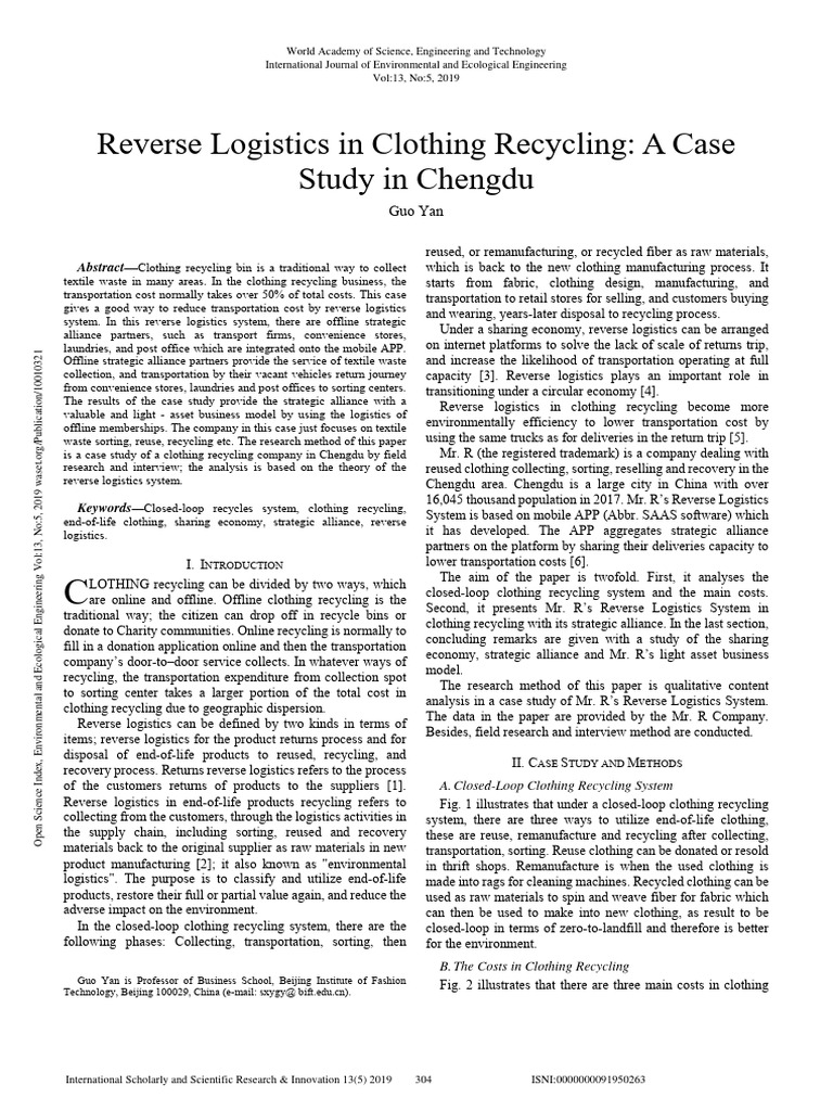Reverse Logistics in Clothing Recycling: A Case Study in Chengdu | PDF ...