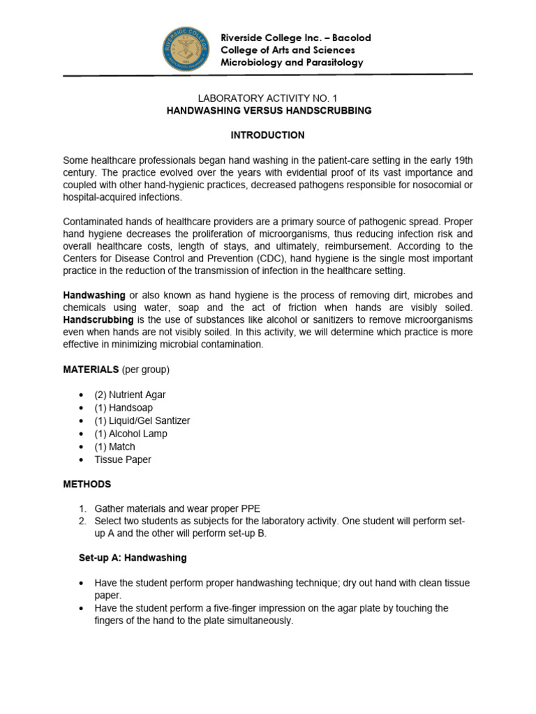 Midterm Lab Activity 1 Handwashing Versus Hand - Scrubbing | PDF | Hand ...