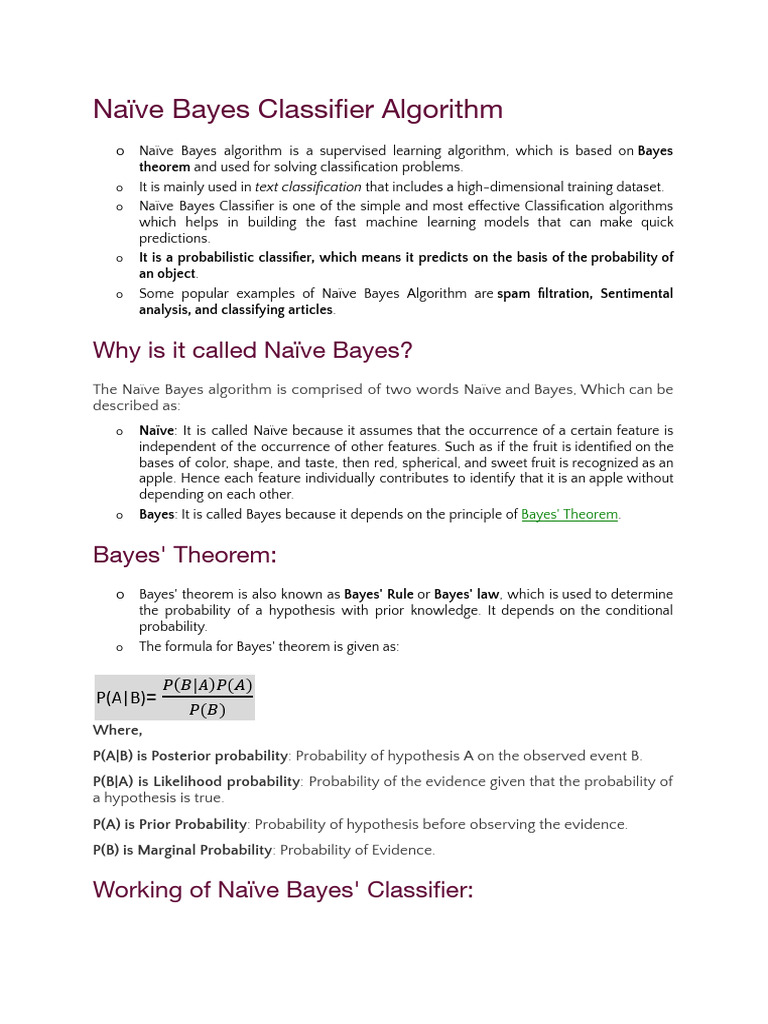 Unit Iv Na Ve Bayes Classifier Algorithm Pdf Support Vector Machine