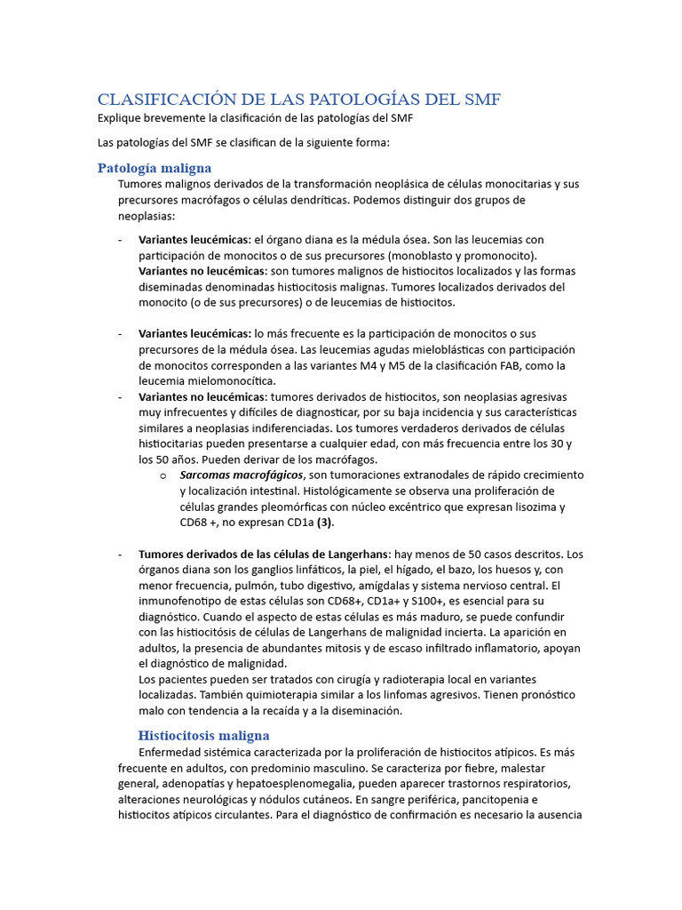 Clasificación de Las Patologías Del SMF | PDF | Cáncer | Leucemia