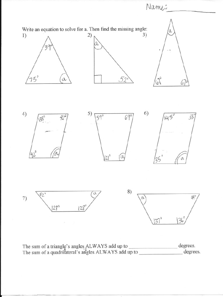 Missinganglesworksheettrianglesandquadrilaterals 1 Pdf