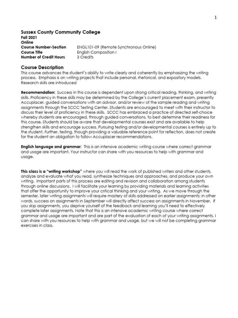 ENGL101-09 Syll Fall 21 Rev1 | PDF | Reading Comprehension | Essays