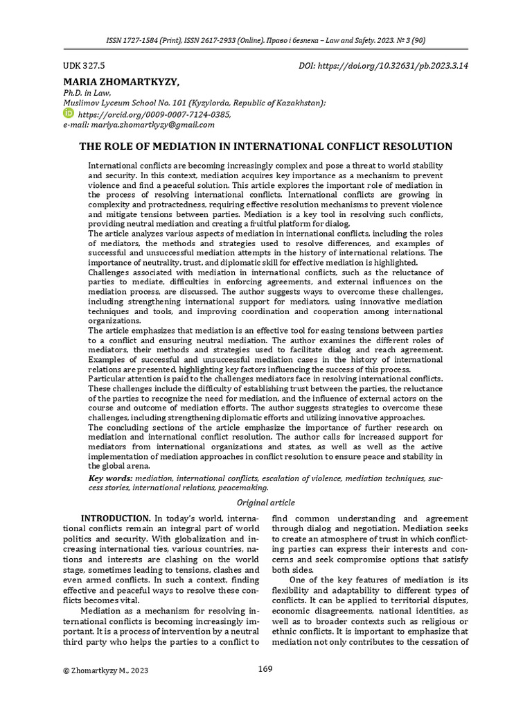 The Role of Mediation in International Conflict Re Abdi Nuur | PDF | Mediation | Conflict Resolution