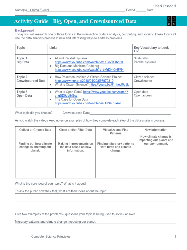 Activity Guide Big Open And Crowdsourced Data Unit 5 Lesson 5 Pdf Data Crowdsourcing