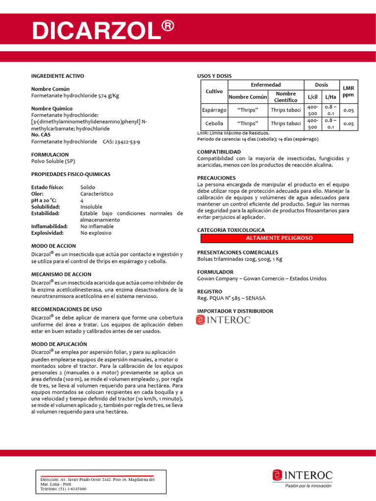Ficha Tecnica Dicarzol - Gowan | PDF | Solubilidad | Química