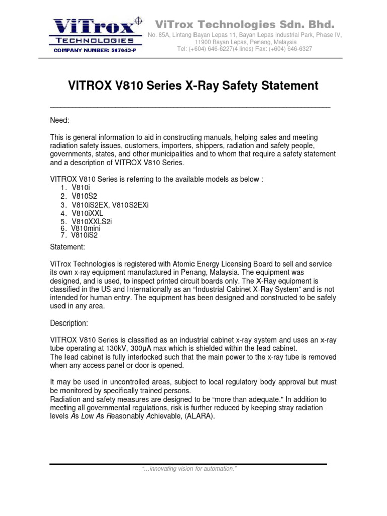 VITROX V810 X-Ray Safety Statement | PDF | Radiation Protection | Electrical Engineering