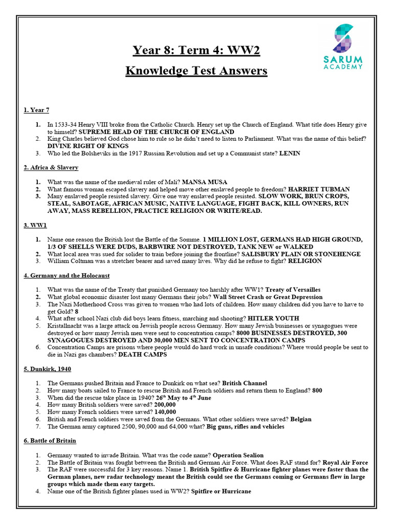 Year 8: Term 4: WW2 Knowledge Test Answers: TH TH | PDF | Normandy ...