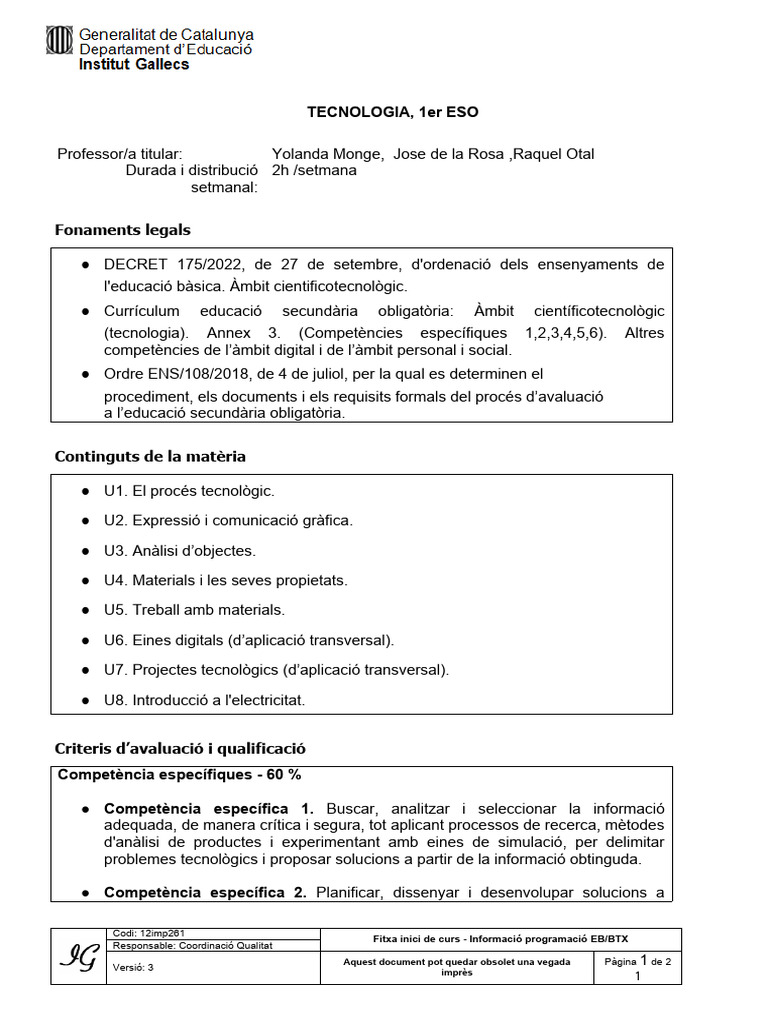 1 - ESO - Fitxa Inici 1er ESO Tecnologia 2023-2024 | PDF