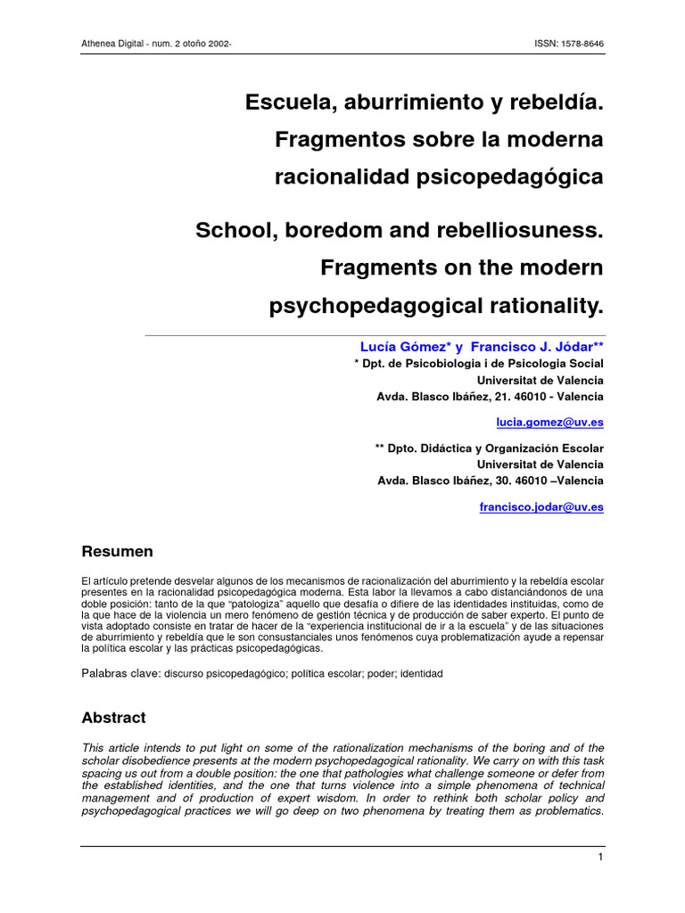 Aburrimiento y rebeldía escolar | PDF | Violencia | Felicidad