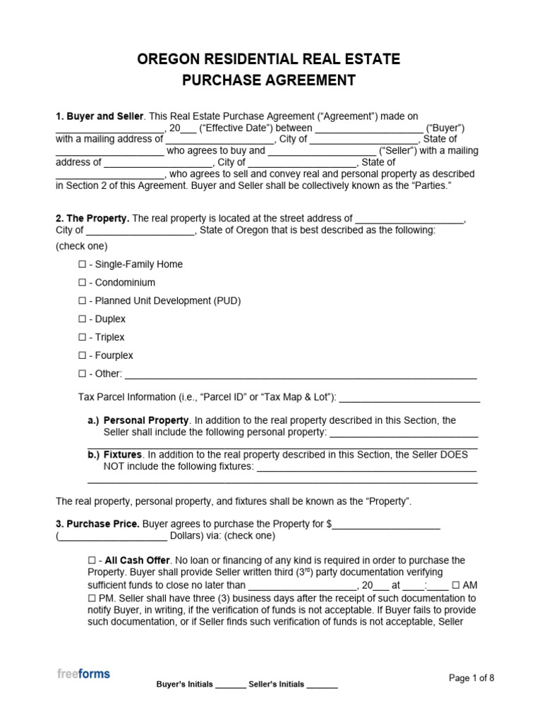 Oregon Residential Real Estate Purchase Agreement | PDF | Arbitration ...