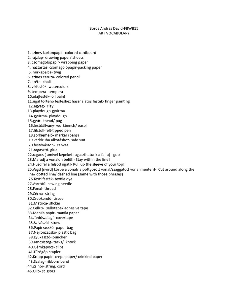 English Art Vocabulary Pdf