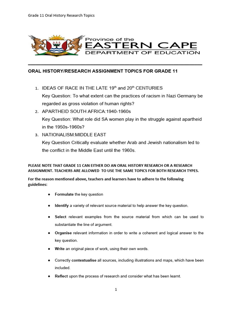 Grade 11 Oral History Research Topics | PDF | Knowledge | Information