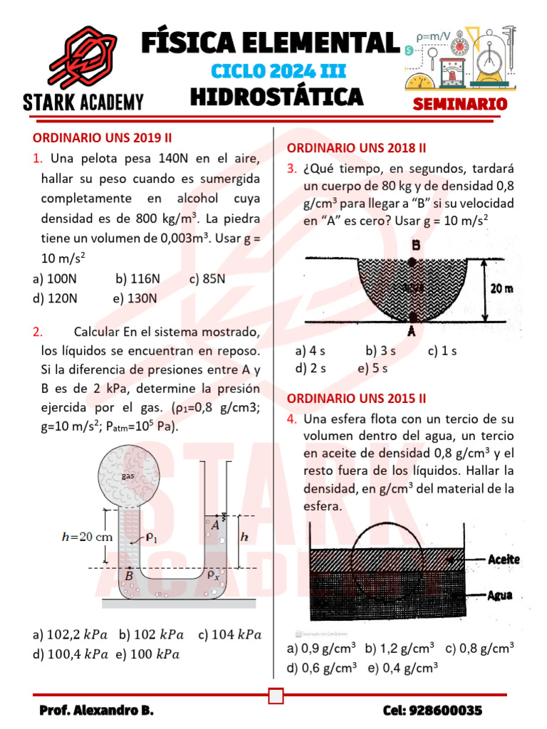 Seminario de Física - Hidrostatica #4 | PDF | Densidad | Agua