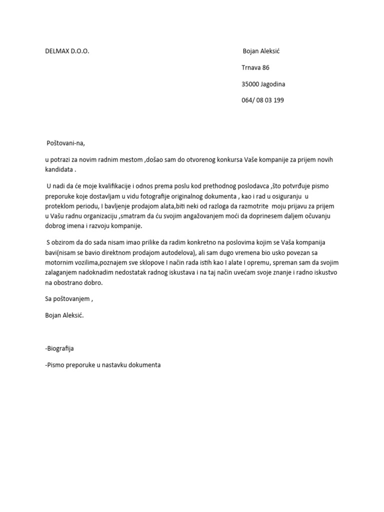 Propratno Pismo Sa Pismom Preporuke | PDF