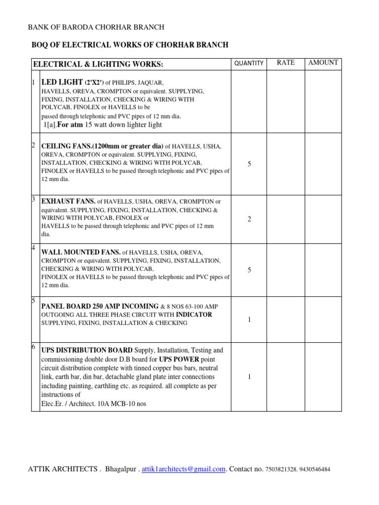BOQ for Electrical Works at Chorhar Branch | PDF | Electrical Wiring ...
