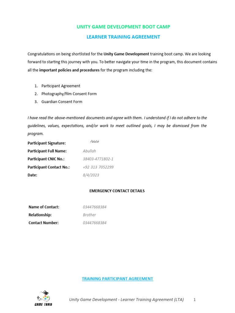 Unity Game Development - Learners Training Agreement - Installment ...
