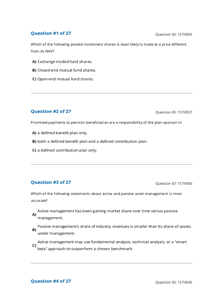 Investment Quiz: 27 Financial Questions | PDF | Investment Fund | Investing