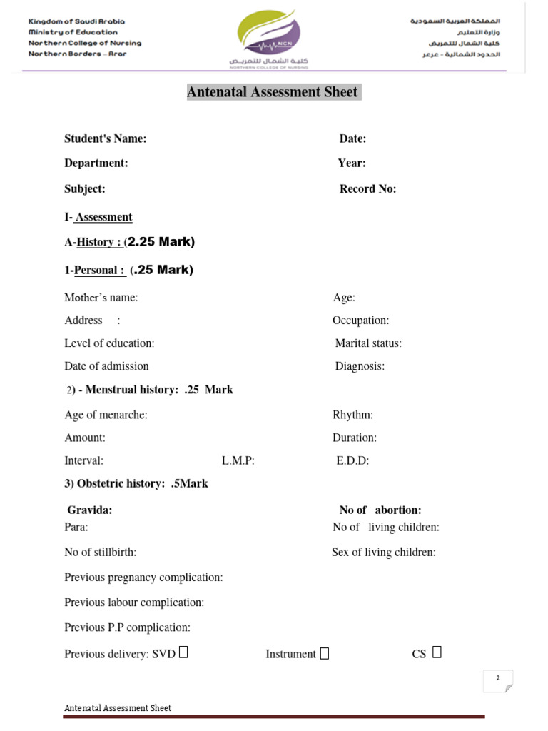 Antenatal Assessment Sheet 2nd Sem 2024 | PDF | Pregnancy | Prenatal Development