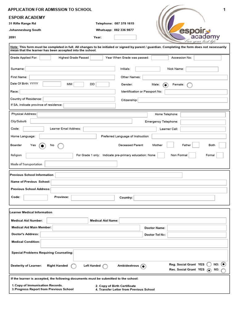 Espoir Academy Admission Application | PDF | Birth Certificate | Parent