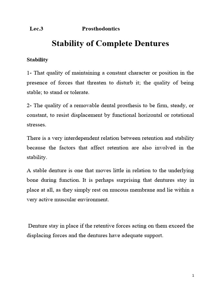 Lec 3 Stability of Complete Dentures | PDF | Dentures | Mouth