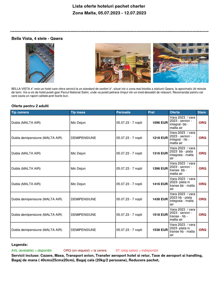 Malta Hotel Charter Packages July 2023 | PDF