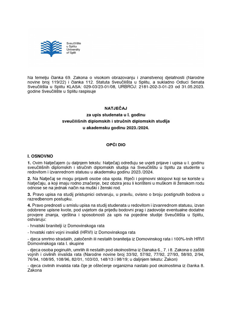 Natjecaj Za Upis Na Diplomske Studije Uurruru Ak. God. 2023 2024 | PDF