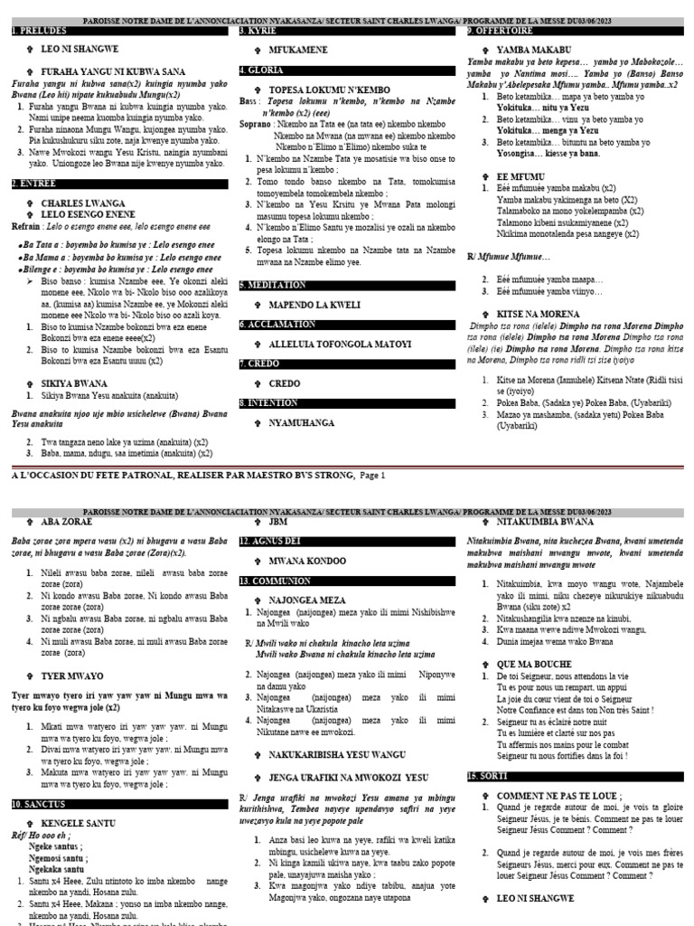 Programme de La Messe Saint Charles Lwanga Bvs Strongo | PDF