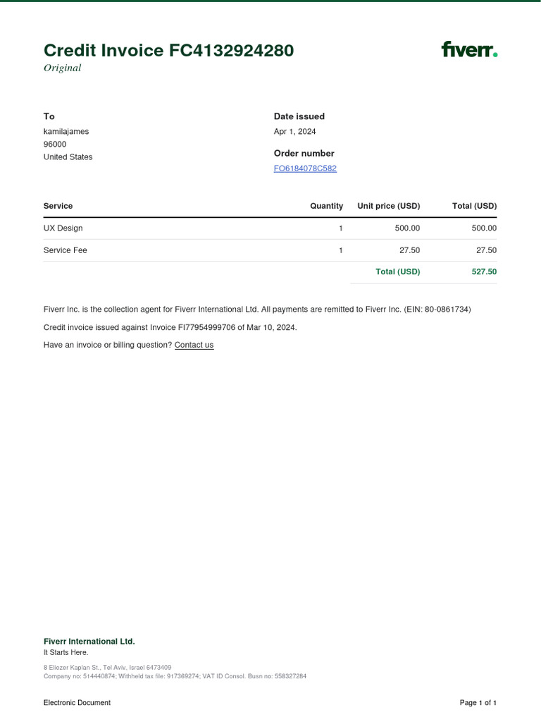 Fiverr UX Design Credit Invoice | PDF