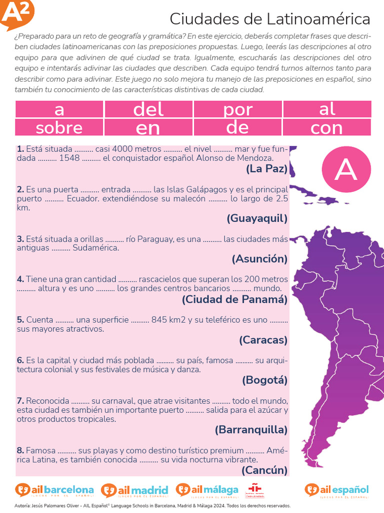 Ejercicio Espanol Preposiciones Ciudades Latinoamerica | PDF | America latina
