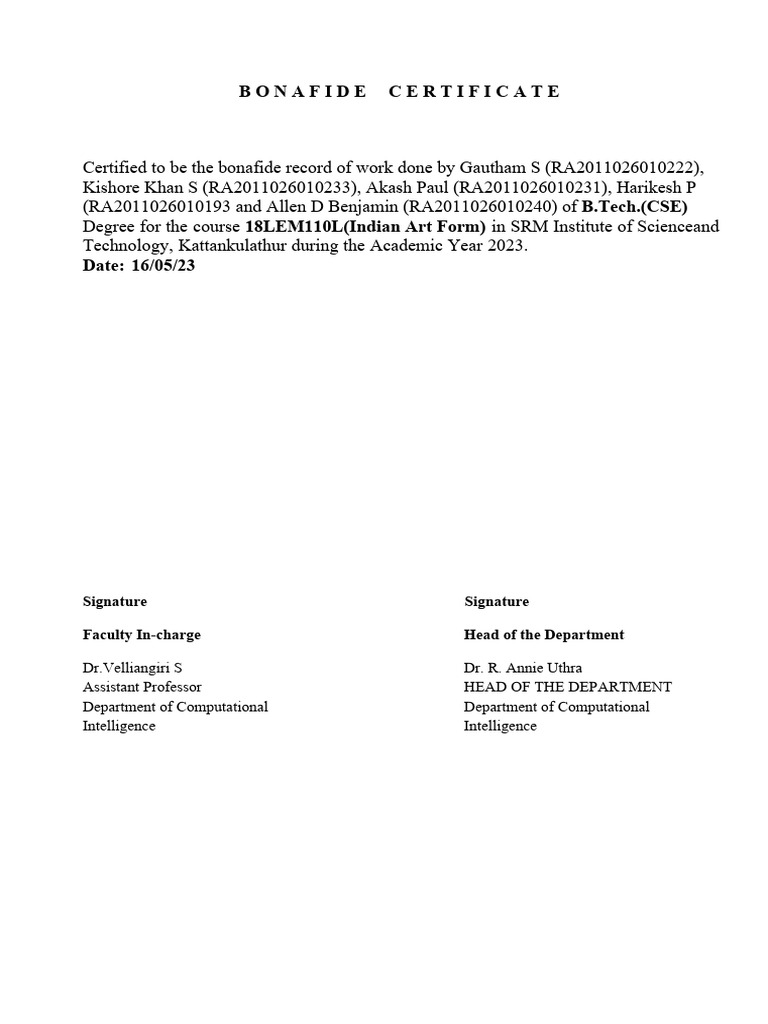 Bonafide Certificate for B.Tech CSE Students | PDF | Science & Mathematics | Technology ...