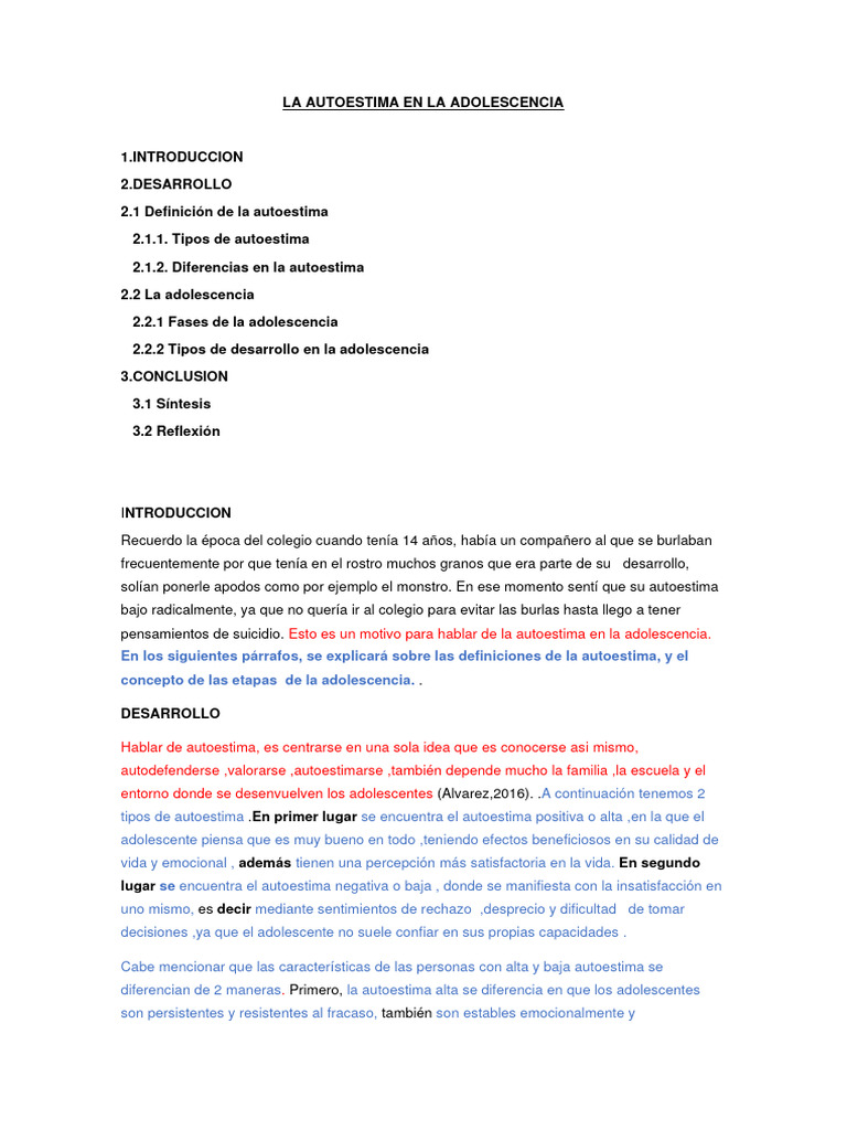 P.A 4 Final - La Autoestima en La Adolescencia | PDF | Adolescencia | Adultos