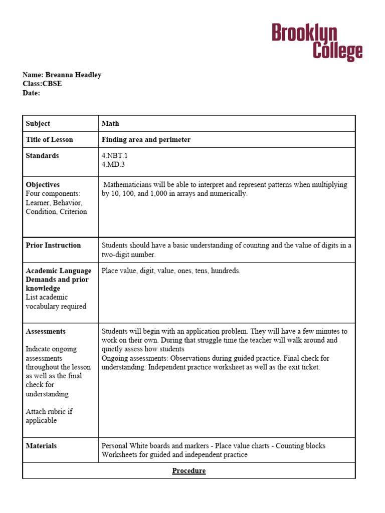 Area and Perimeter Lesson Plan | PDF | Learning | Knowledge