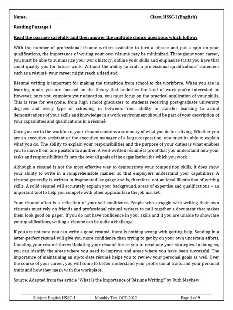 Reading Comprehension On Passage I II | PDF | Résumé