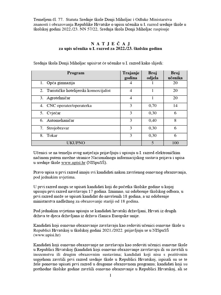 Natjecaj Za Upis U Sk. Godinu 2022-2023 | PDF