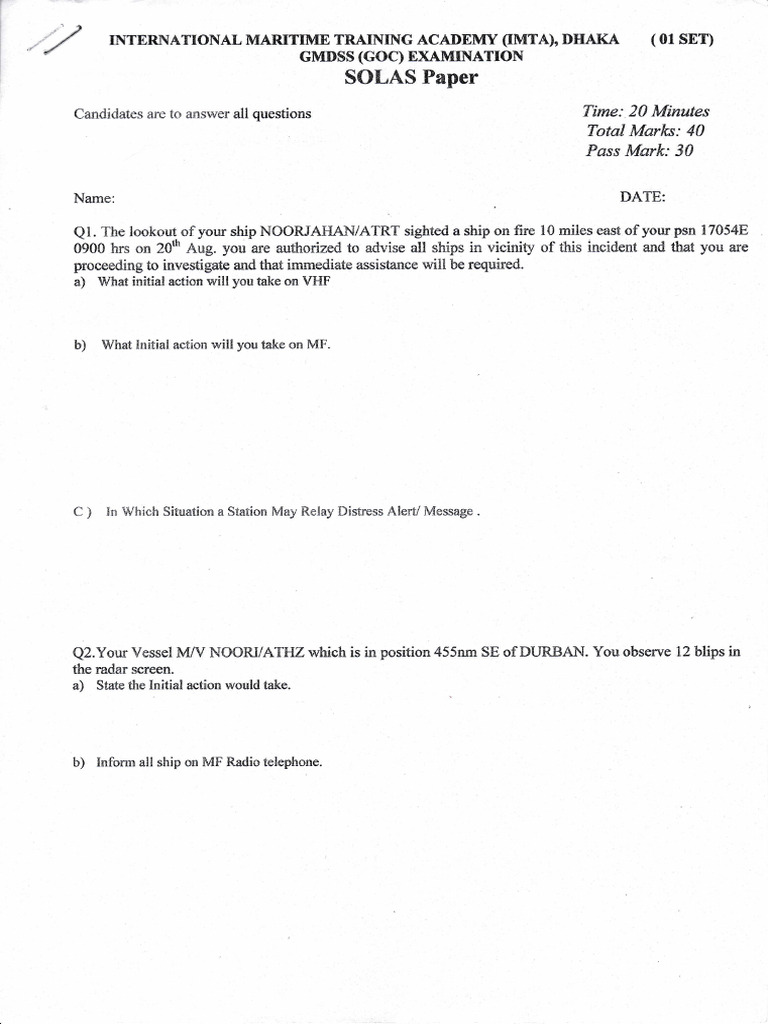 GMDSS Exam: SOLAS Paper Questions | PDF